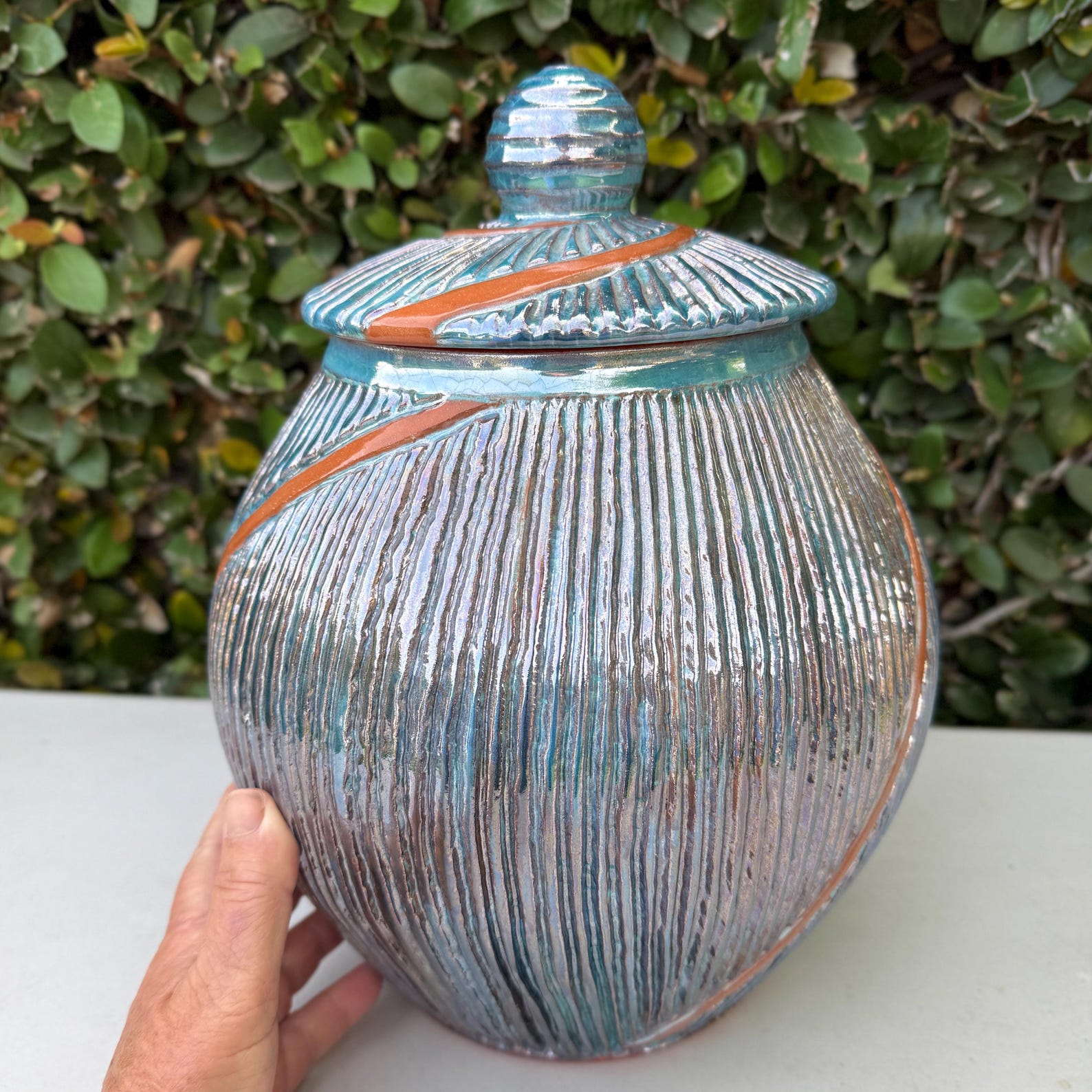 Handmade Round Covered Jar, Turquoise Lustered Decorative Large 12-inch ...