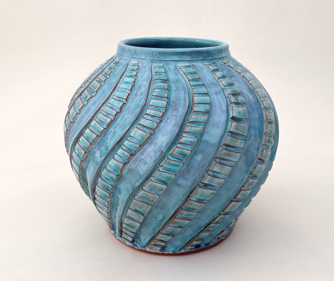 Ceramic Vase Turquoise Large Round Handmade Carved Orb-like - Etsy