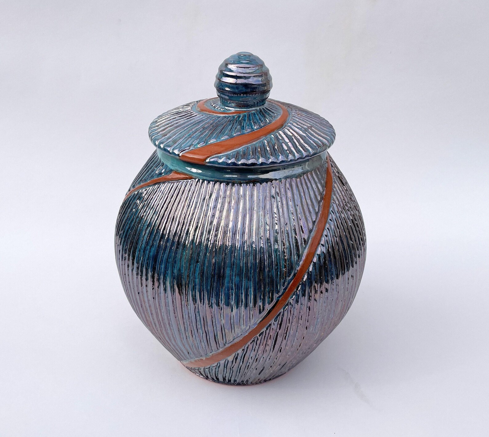 Handmade Round Covered Jar, Turquoise Lustered Decorative Large 12-inch ...