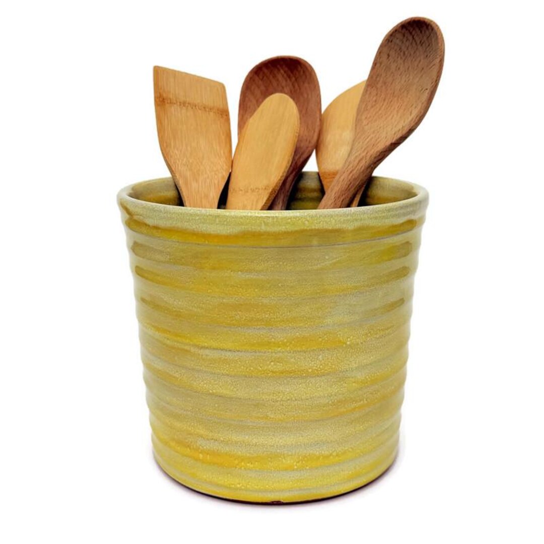Large Utensil Holder, Yellow Ceramic Tall, Wide Handmade Utensil Crock ...