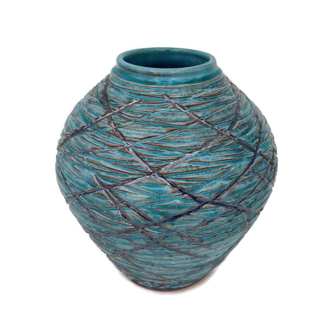 Turquoise Pottery Vase, Handmade Southwestern Round Pottery Flower Vase ...