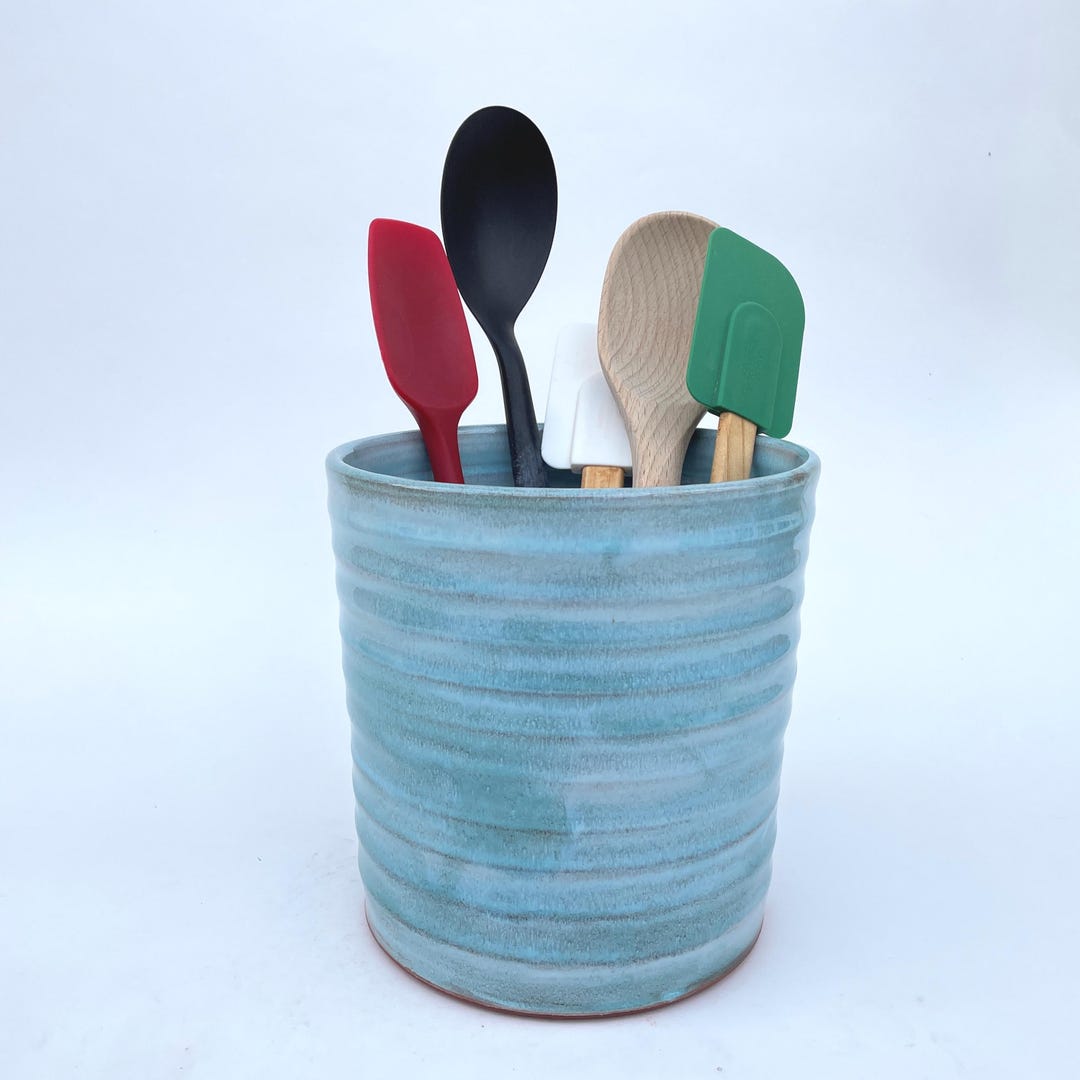 Handmade Turquoise Ceramic Utensil Holder: Large Wide Pottery Kitchen ...
