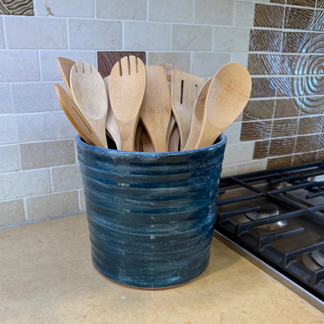 Large Kitchen Utensil Holder, Wide, Dark Teal Glazed Handmade Utensil ...