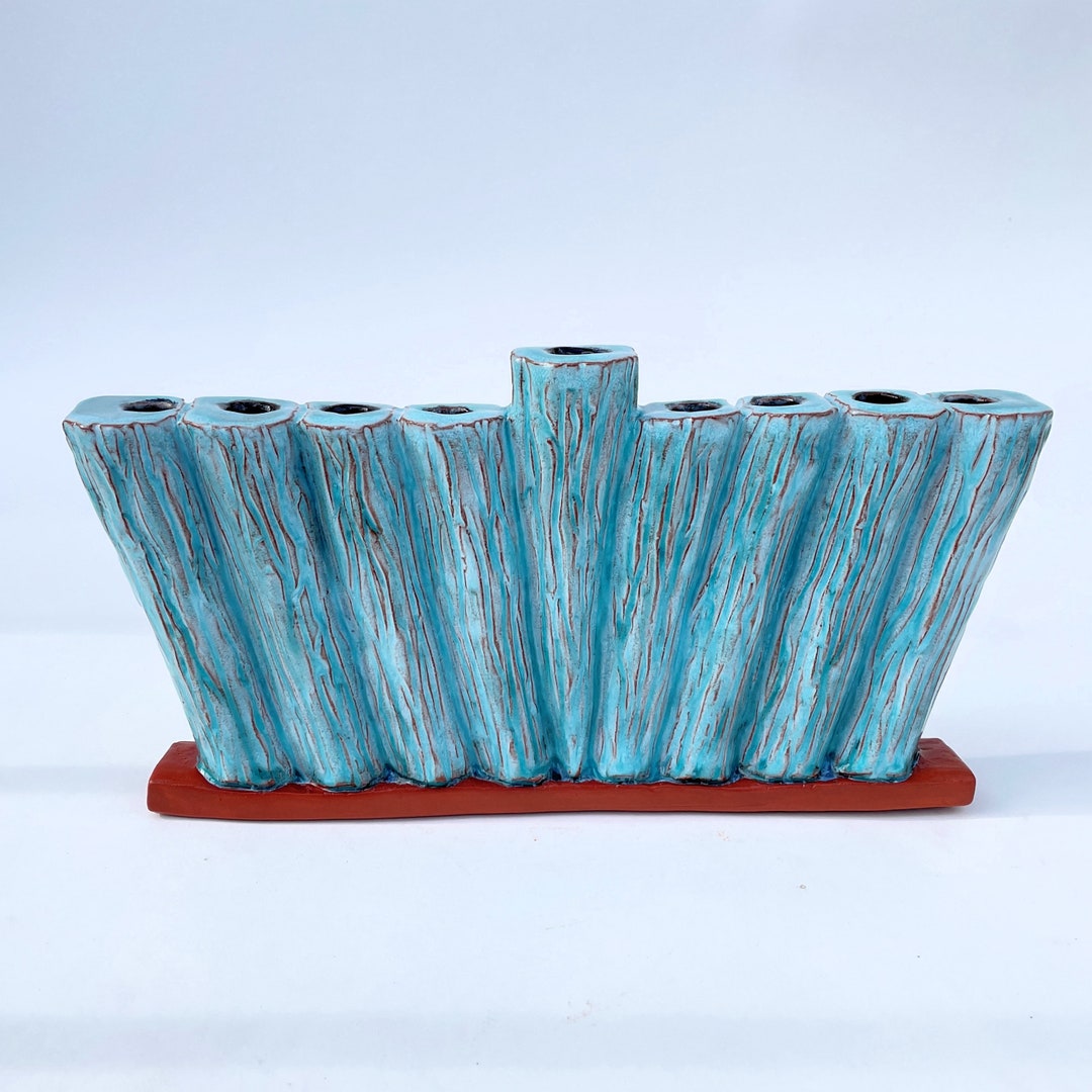 Hanukah Ceramic Menorah Turquoise Handmade Hand Carved - Etsy Israel