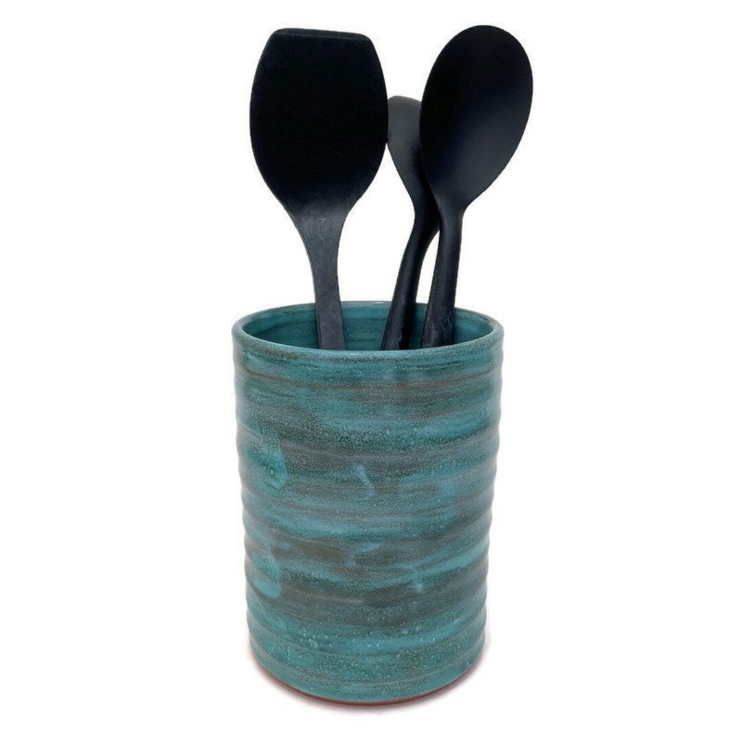 Handmade Utensil Crock, Dark Turquoise Wine Chiller, Ceramic Kitchen ...