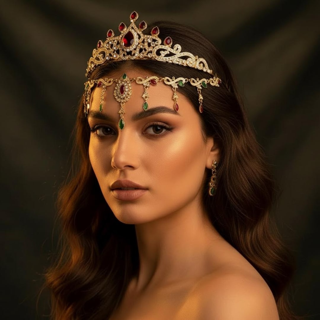 Ottoman Gold Bridal Crown – Red Emerald Stone Forehead Drapes - Etsy