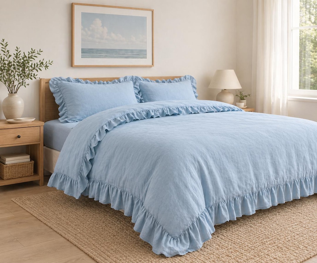 Light Sky Blue Linen Duvet Cover Set With Ruffles – Soft Washed Bedding ...