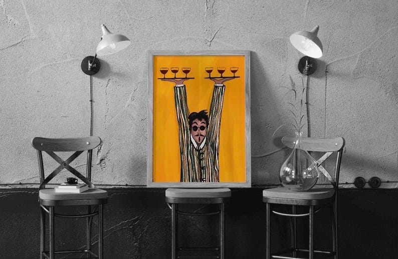 French Waiter Serving Drinks - Bar Cart Art - Aesthetic Wall Art ...