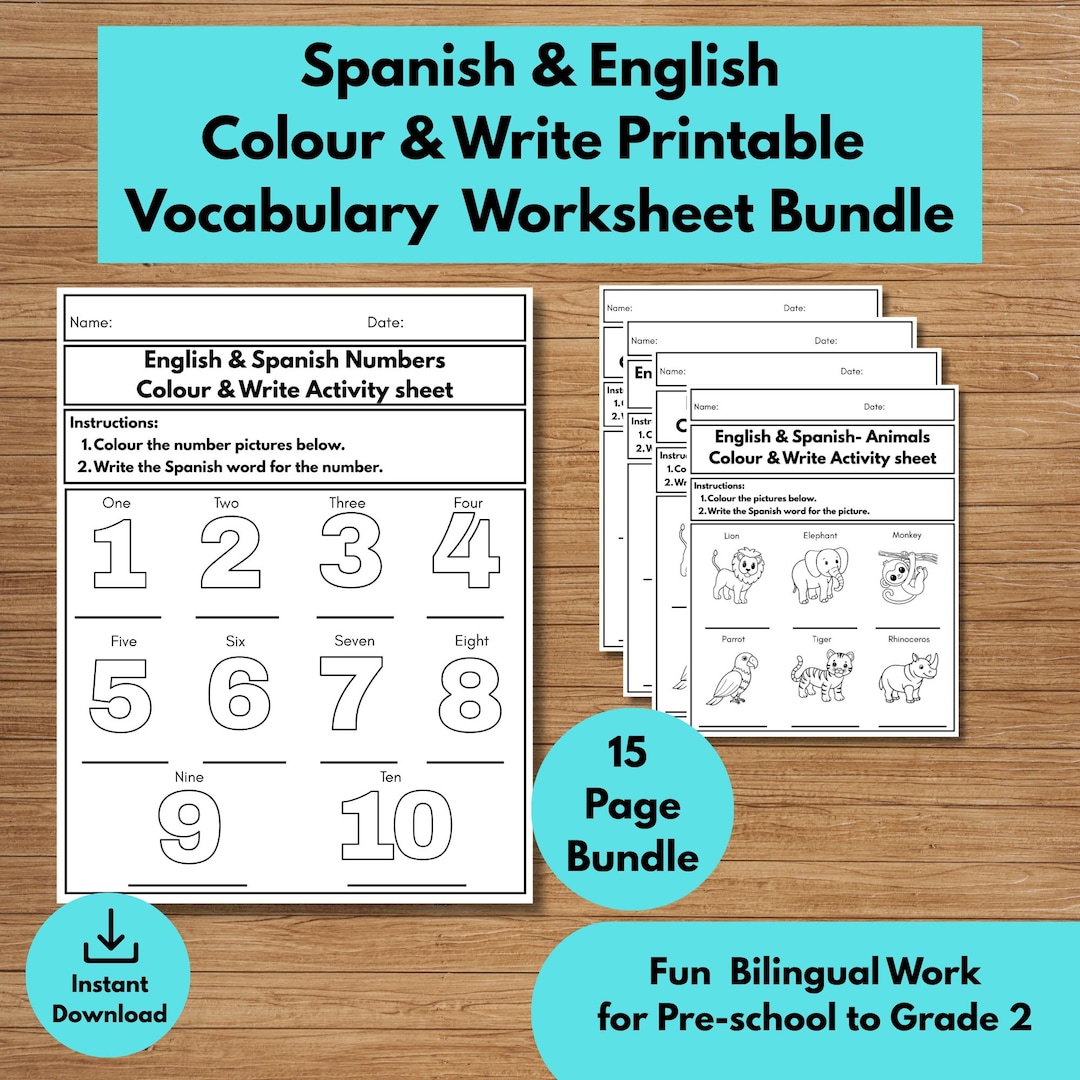 Spanish English Vocabulary Worksheets: Bilingual Color & Write (PDF) - Etsy