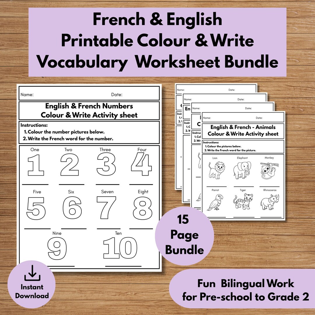 French English Vocabulary Worksheets: Bilingual Color & Write (PDF ...