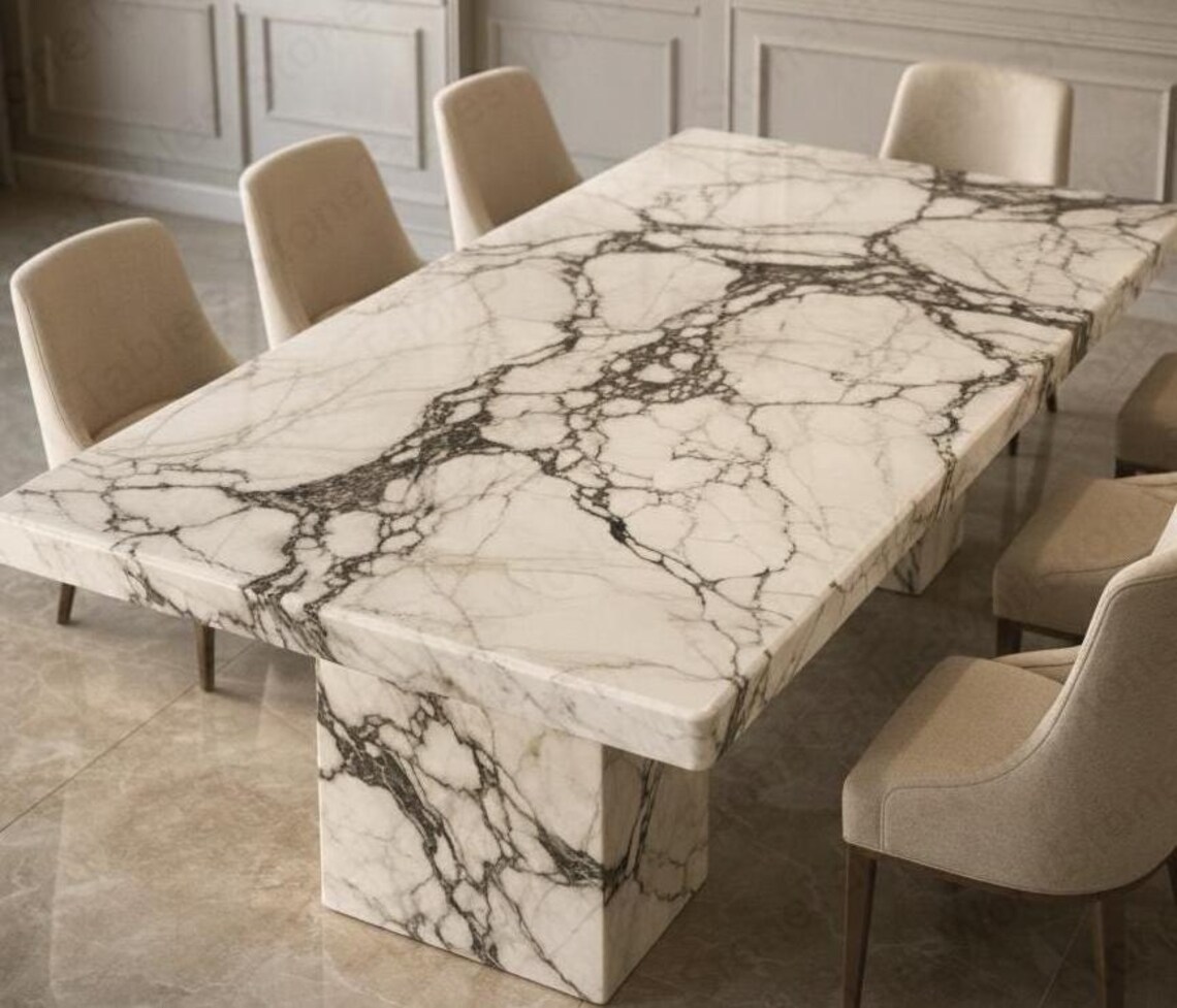 Minimalist Italian Marble Dining Table | Calacatta White & Grey Veined ...