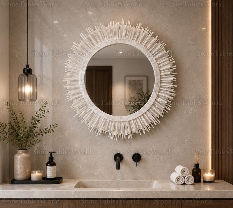 Marble Sunburst Mirror, Organic Modern Stone Wall Decor, Entryway ...