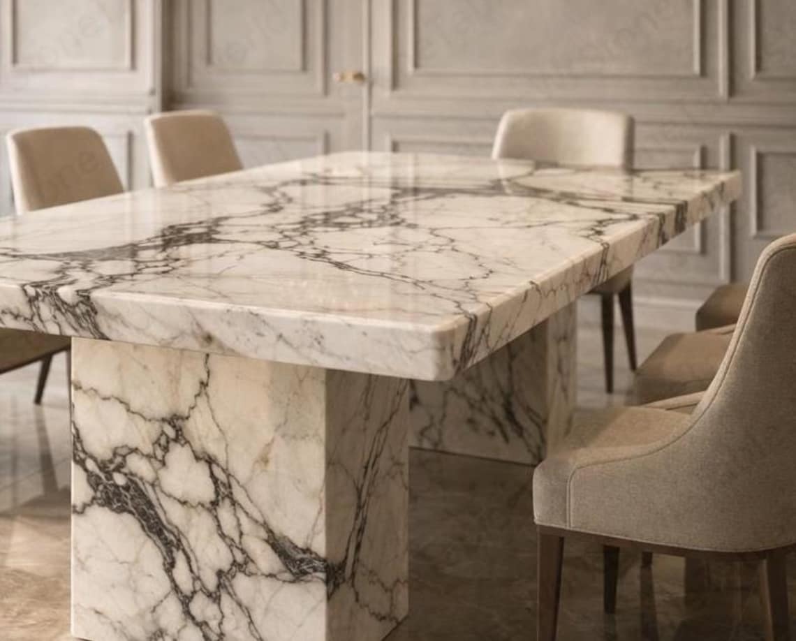 Minimalist Italian Marble Dining Table | Calacatta White & Grey Veined ...