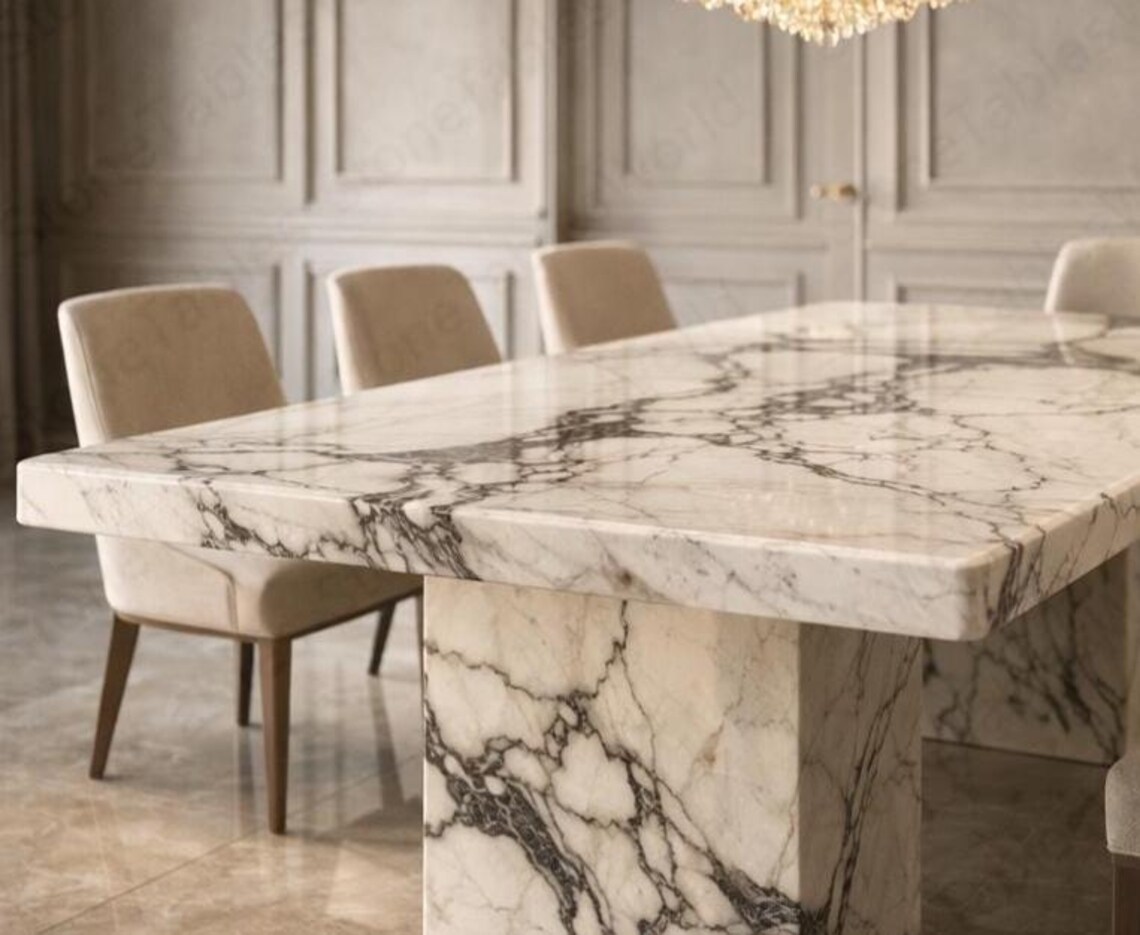 Minimalist Italian Marble Dining Table | Calacatta White & Grey Veined ...