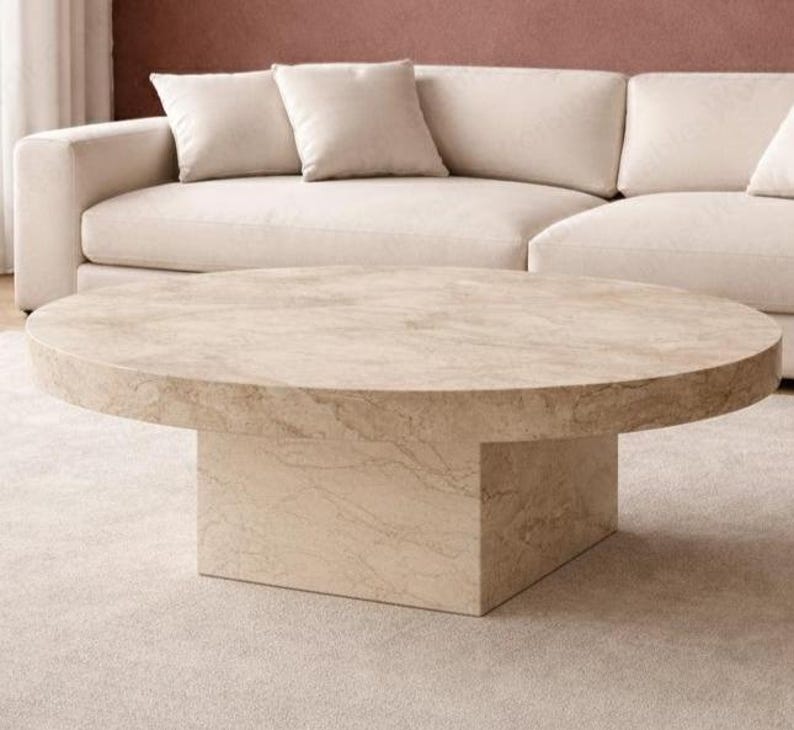 Round Travertine Coffee Table – Natural Beige Stone Pedestal Table ...
