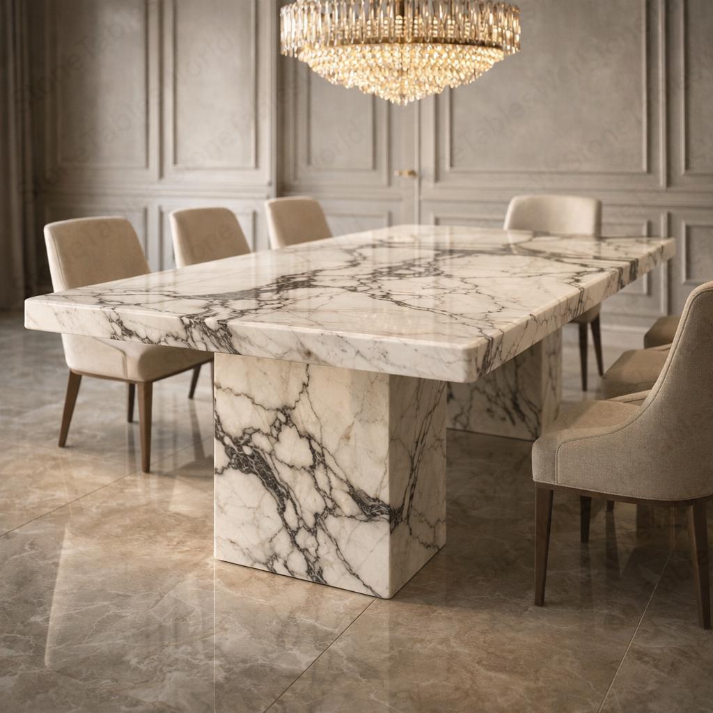 Minimalist Italian Marble Dining Table | Calacatta White & Grey Veined ...