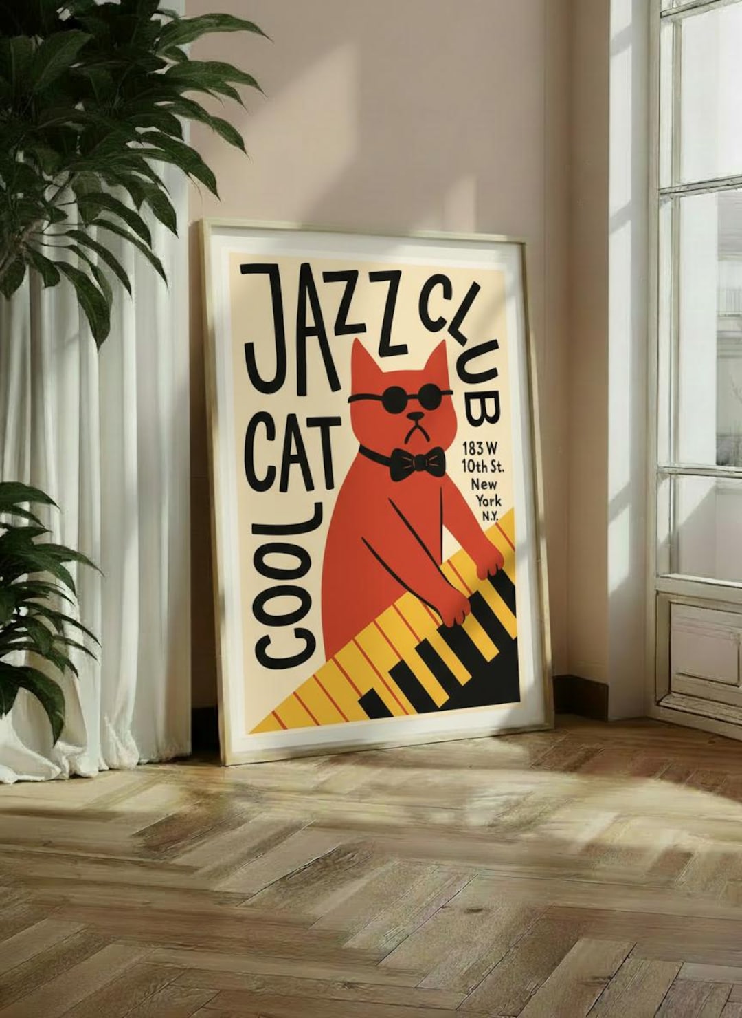 Swinging Cat Keyboardist Digital Print: Retro Jazz Poster Art for Music ...