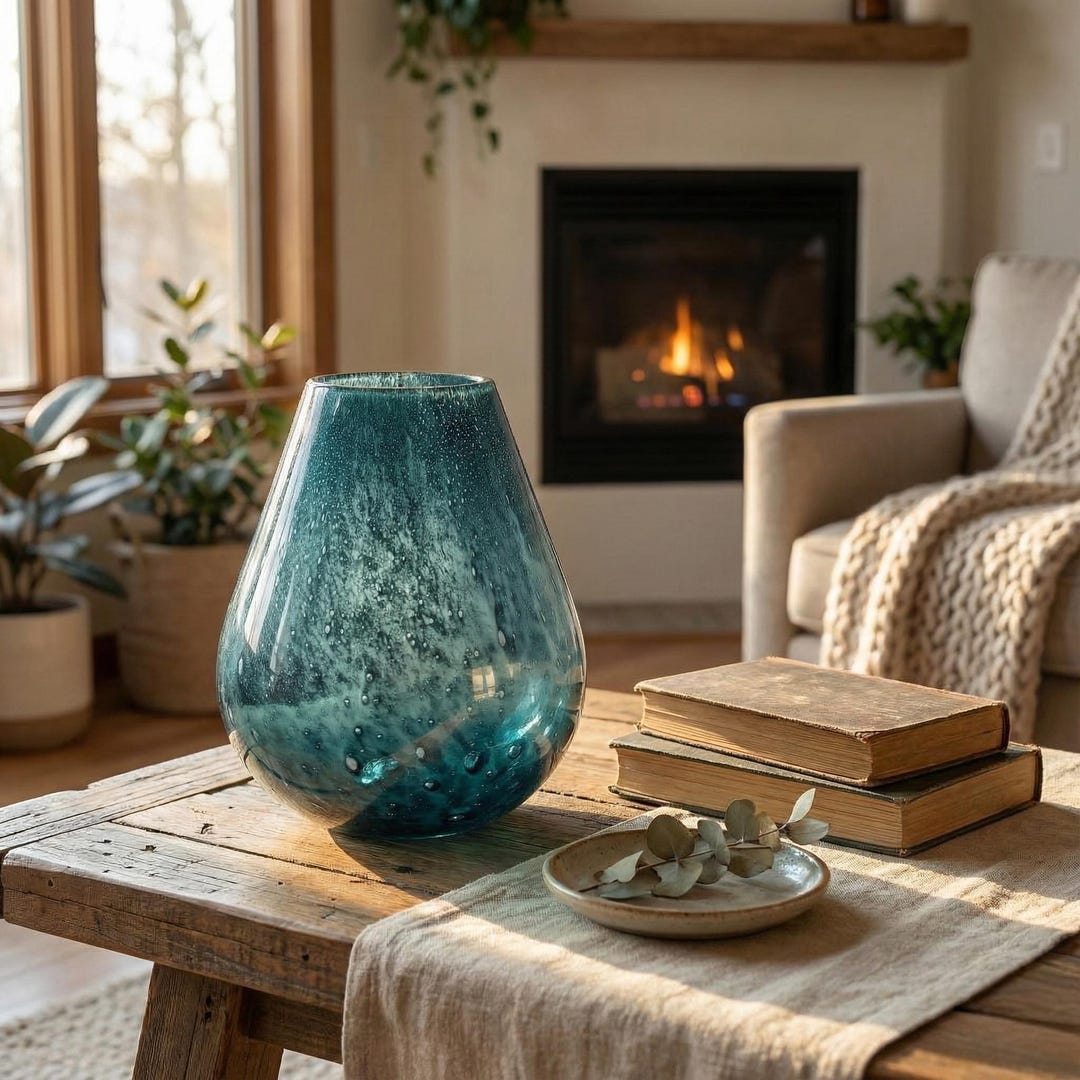 Turquoise Glass Vase, Teal Glass Vase, Extra Large Vases, Hand Blown Glass Vase, Handmade ...