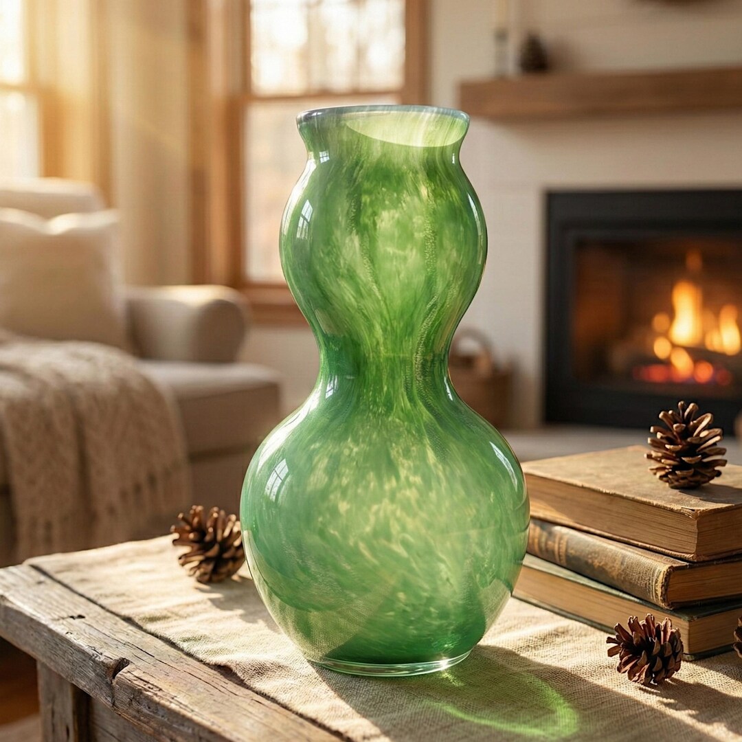 Green Blown Glass Vase | Art Deco Vase | Dark Green Murano Glass Vase ...