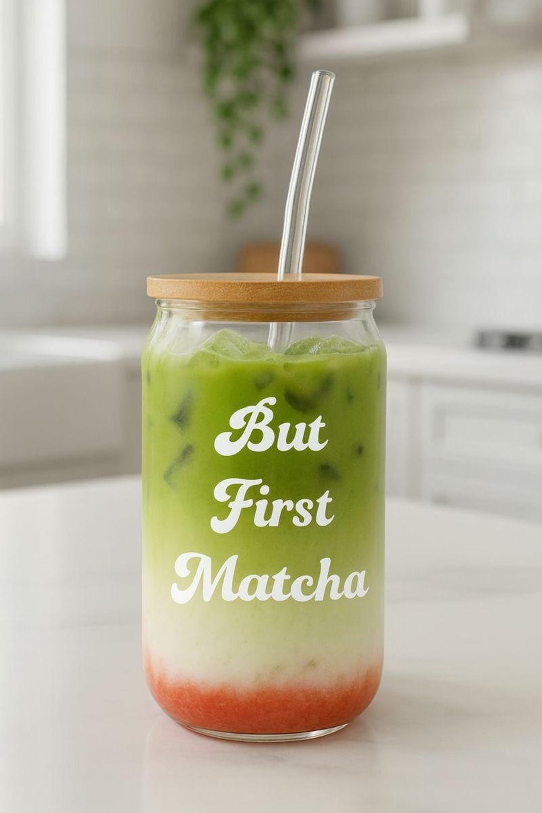 Matcha Glass With Bamboo Lid & Glass Straw – Iced Matcha Cup – “but ...