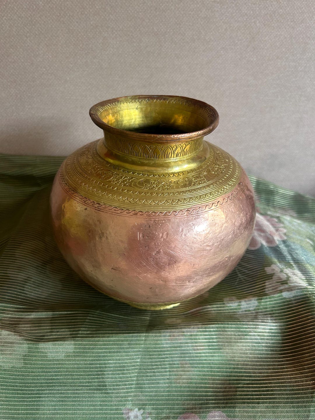 Vintage Engraved Brass & Copper Lota | Indian Water Pot Decor - Etsy
