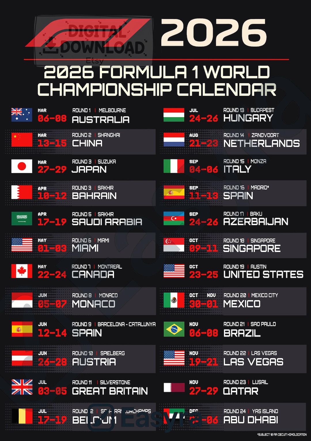 2026 Formula 1 Race Calendar Poster | F1 Schedule Print With Track ...