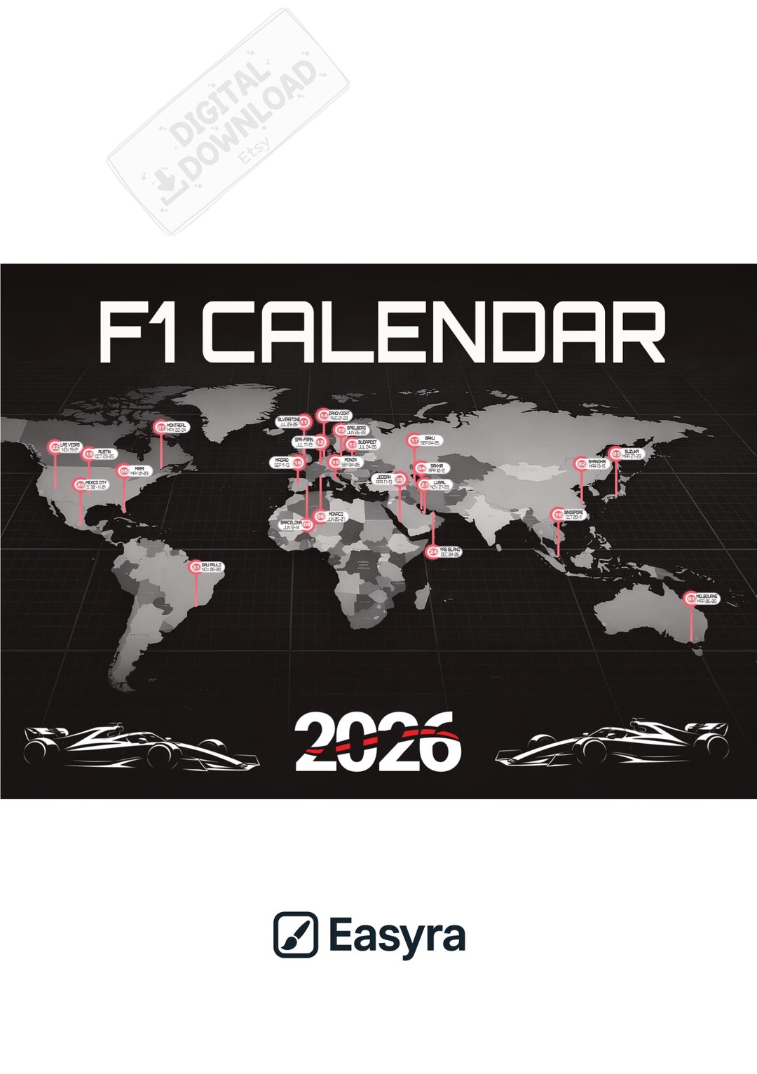 Formula 1 2026 Race Calendar World Map Poster | F1 Schedule Wall Art ...