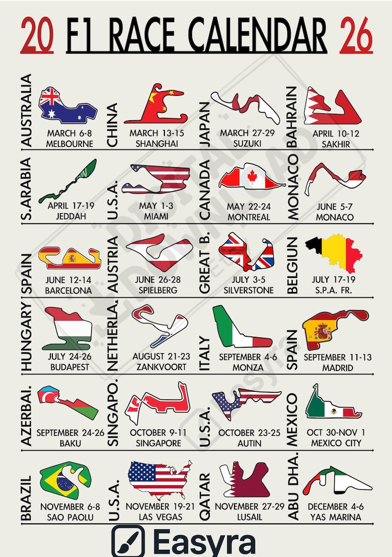Formul 1 2026 Race Calendar Poster | F1 Schedule Wall Art | Printable ...