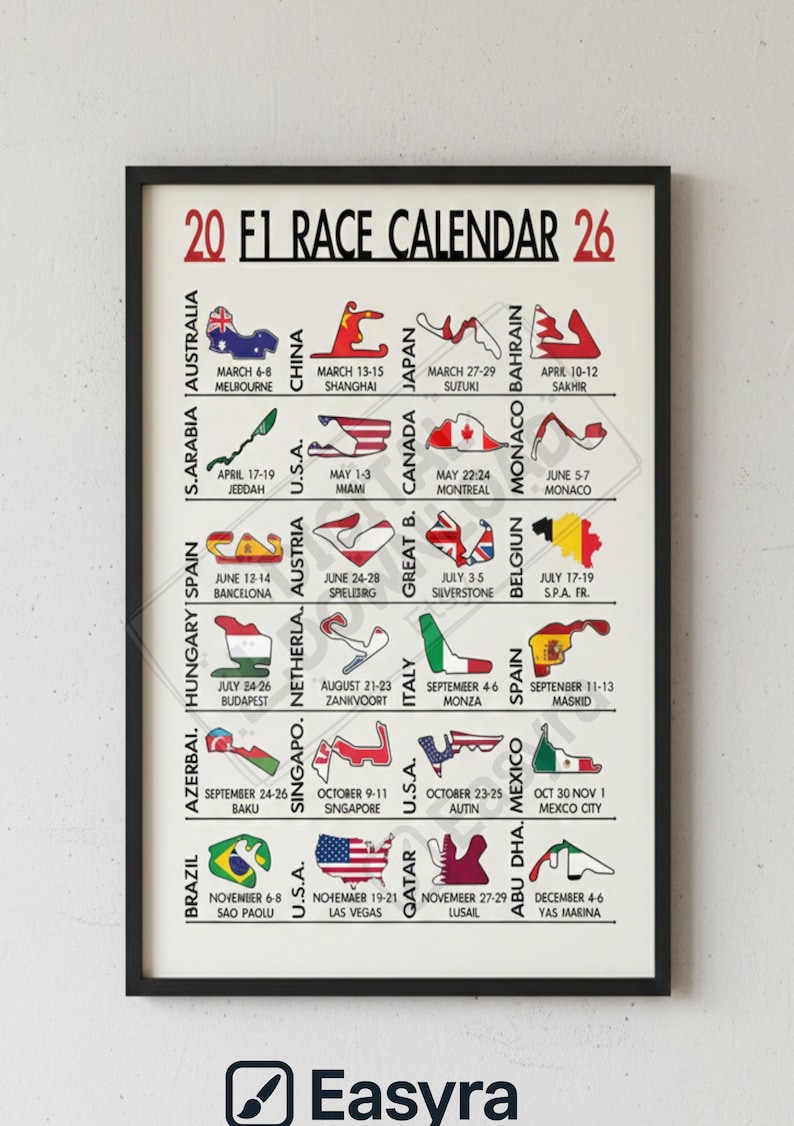 Formula 1 2026 Race Calendar Poster | F1 Schedule Wall Art | Printable ...