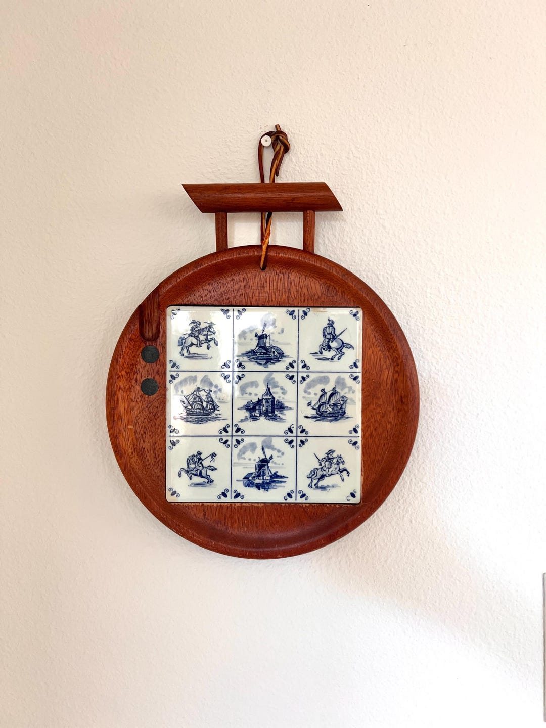 Vintage Wooden Serving Tray With Delft-style Hand-painted Ceramic Tiles ...