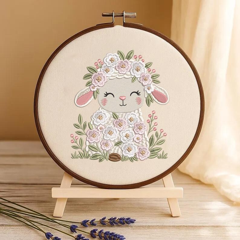 Floral Lamb Embroidery Design,cute Sheep Embroidery File,spring Flower ...