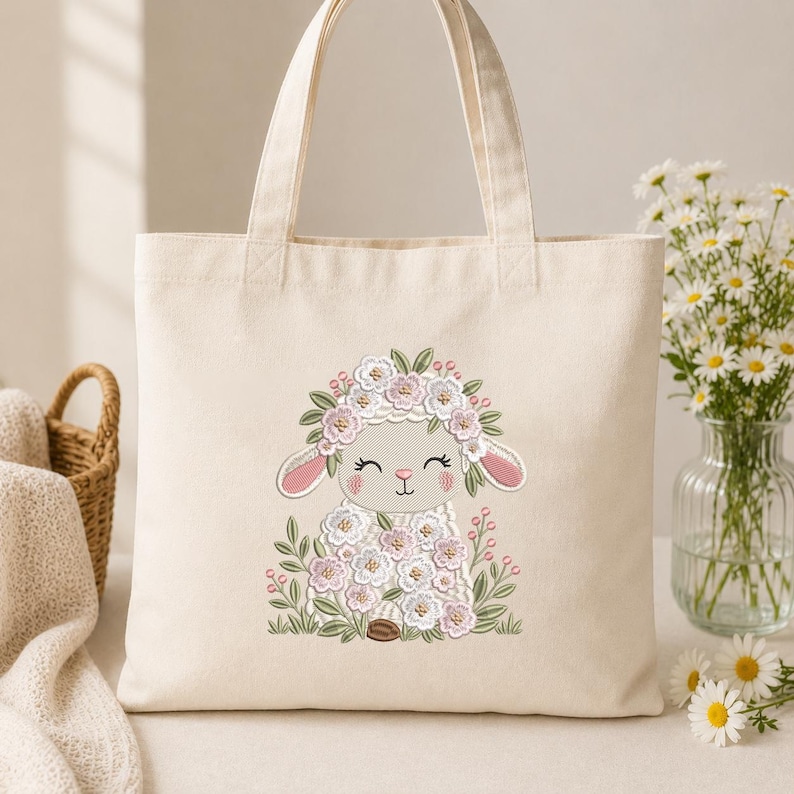 Floral Lamb Embroidery Design,cute Sheep Embroidery File,spring Flower ...