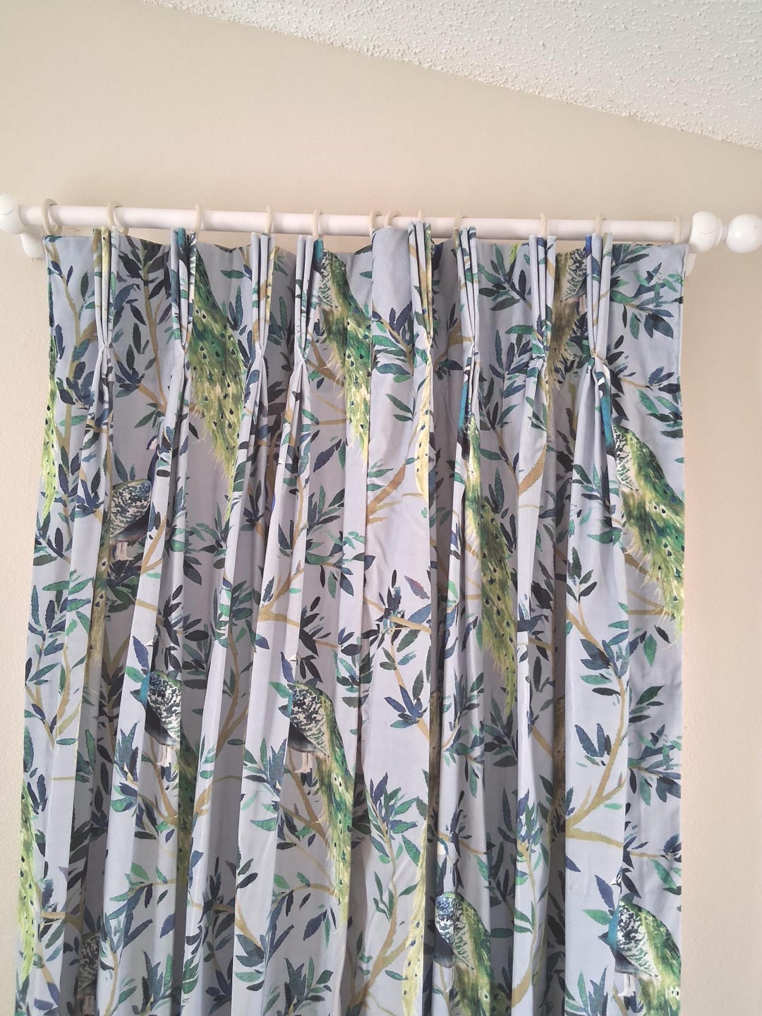 Bird Design Curtains Set | Triple Pinch Pleat Drapes | Peacock Blue ...
