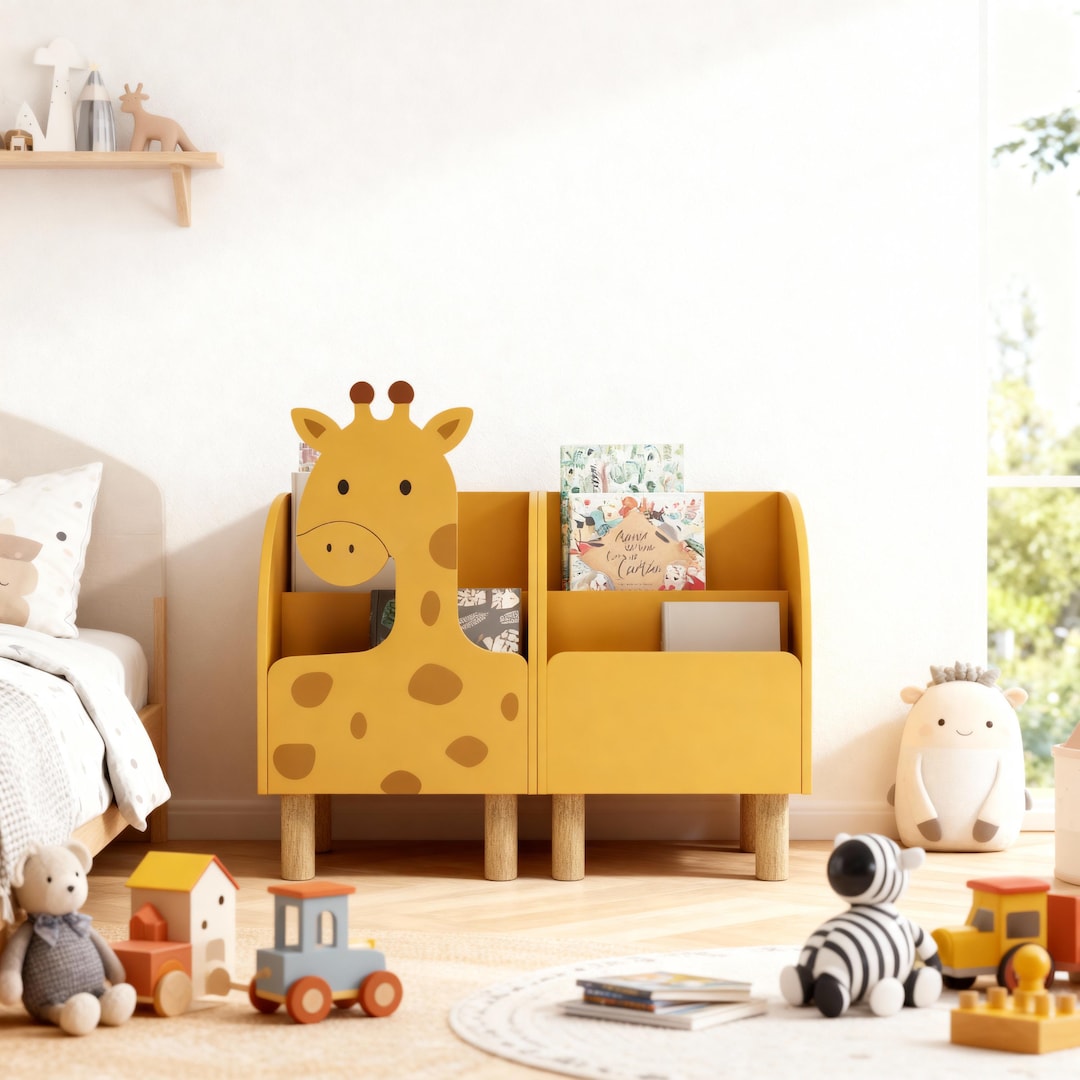 Montessori Giraffe Bookshelf – Yellow MDF Kids Bookcase. - Etsy