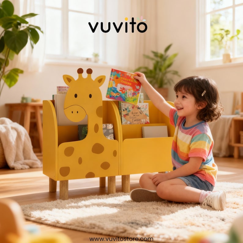Montessori Giraffe Bookshelf – Yellow MDF Kids Bookcase. - Etsy