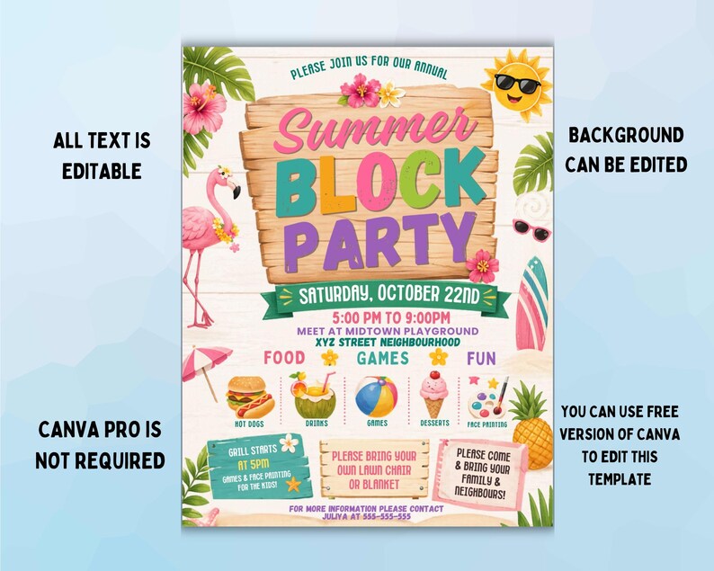 SUMMER Block Party Flyer Editable Template, Diy Barbeque, Luau, BEACH ...