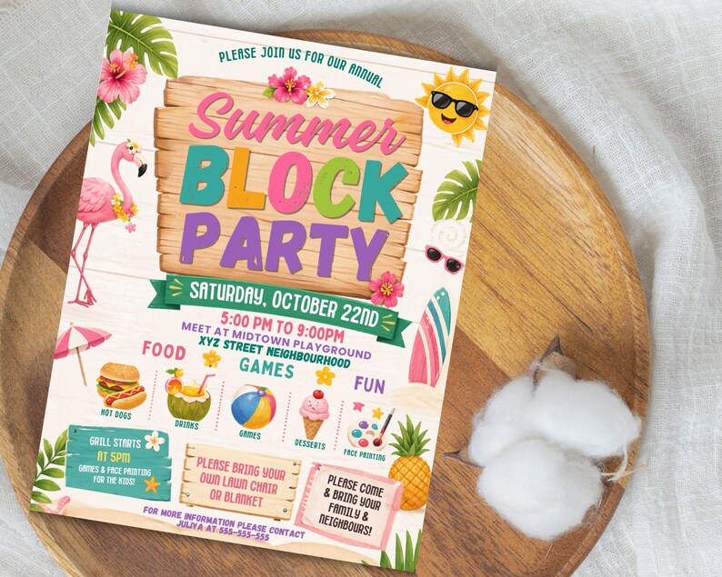 SUMMER Block Party Flyer Editable Template, Diy Barbeque, Luau, BEACH ...