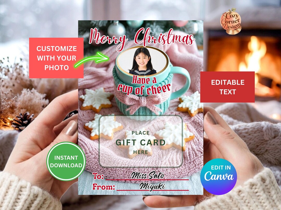 Custom Photo Christmas Coffee Gift Card Holder Printable, Editable Xmas ...