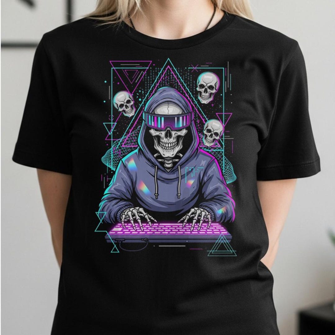 Y2K Gothic Skeleton Tee | Cyber Hacker T-shirt | Dark Tech Graphic ...