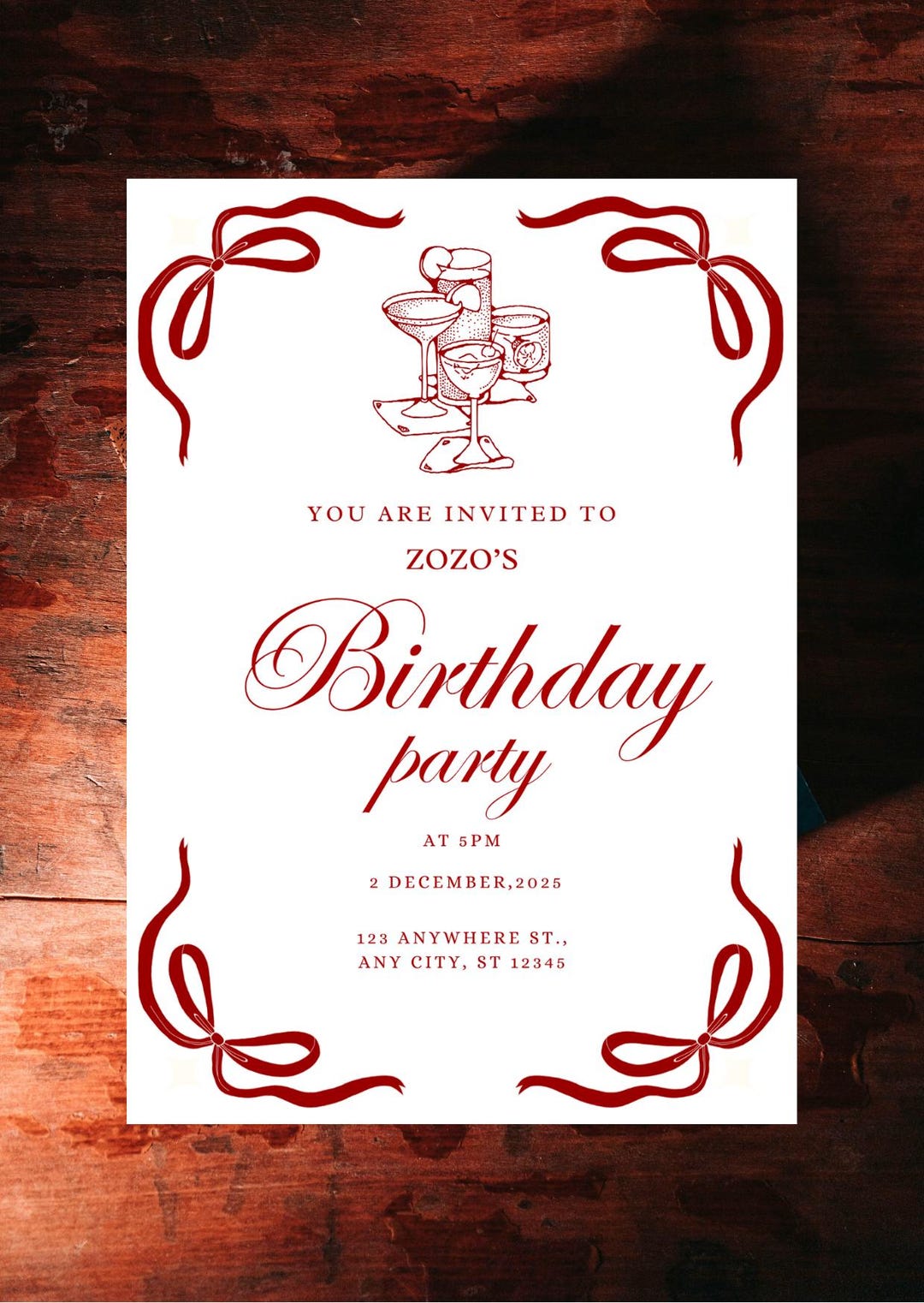 Editable Simple Red Birthday Invitation,birthday Party Invite, Bright ...