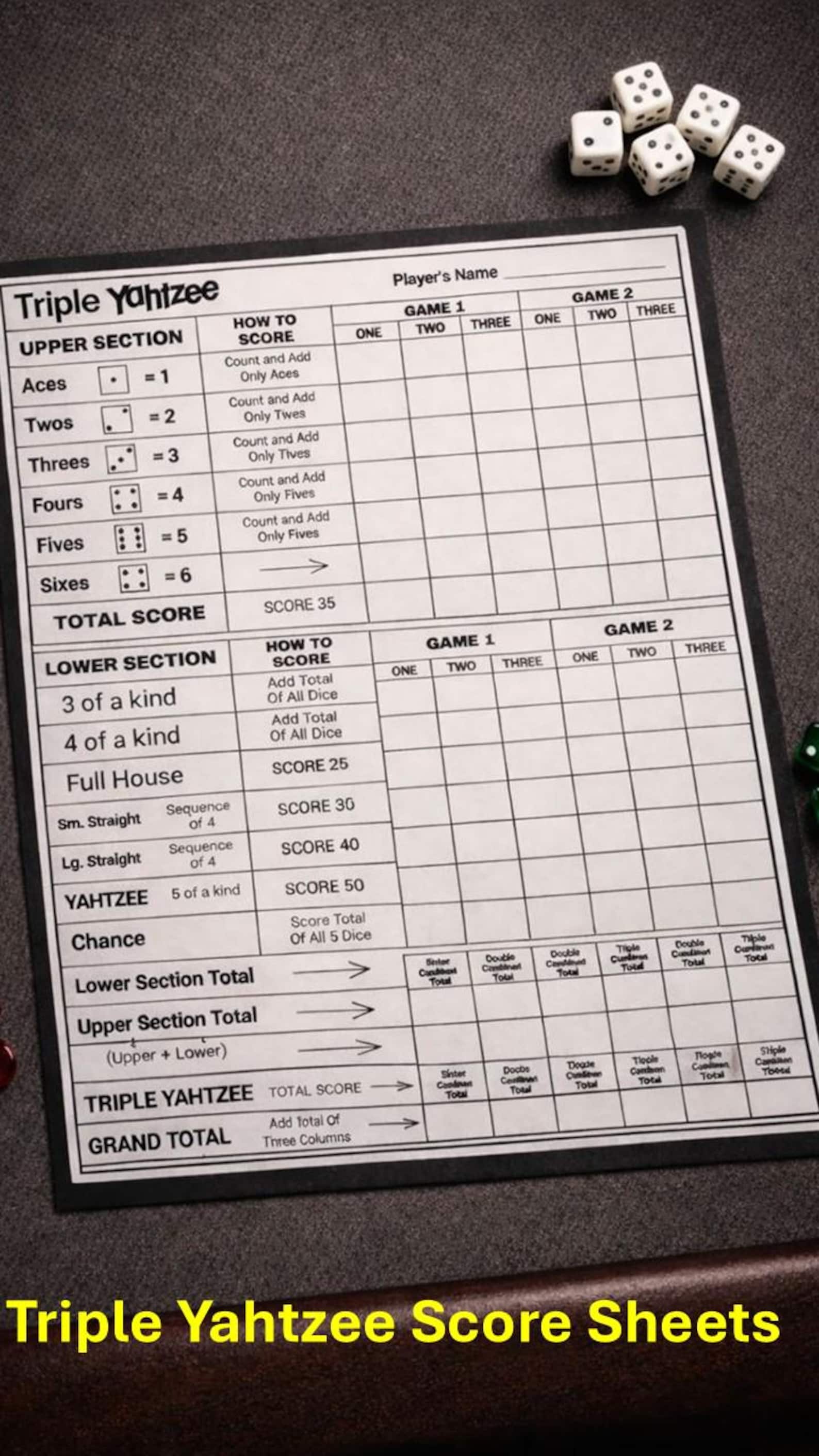 Triple Yahtzee Score Sheet | Printable Large Score Card (PDF Pattern ...