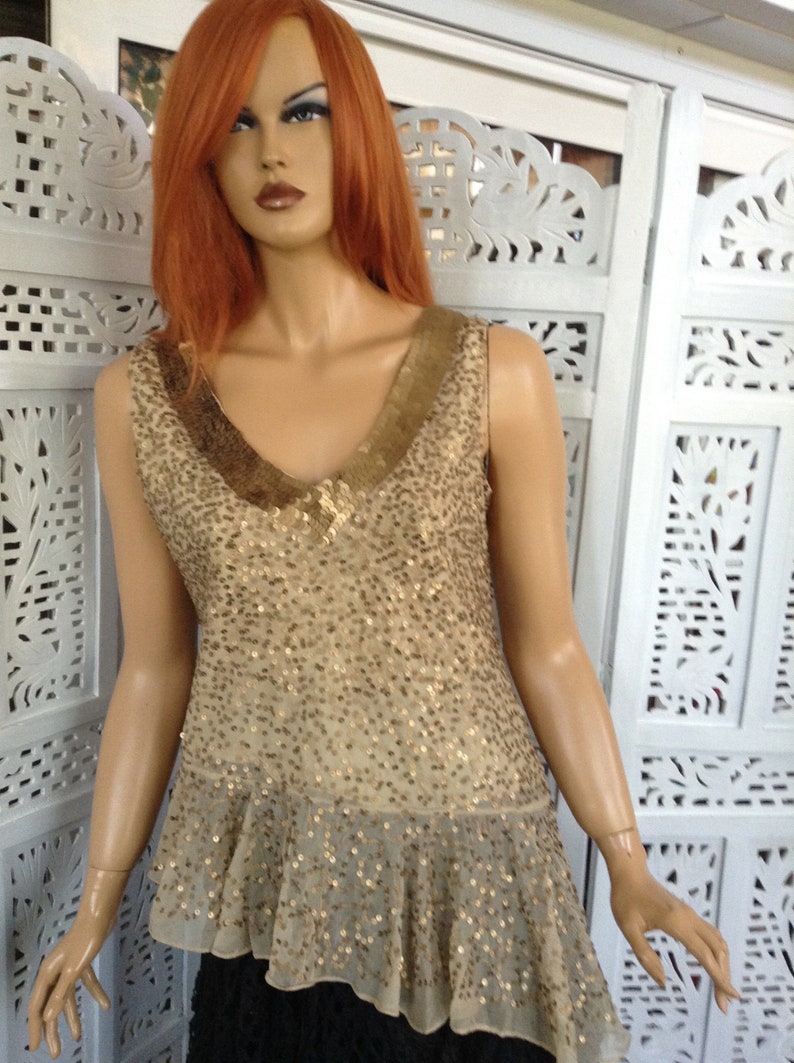 Top Sequined Sleeveless Top in Gold Color Crepe Sequins - Etsy