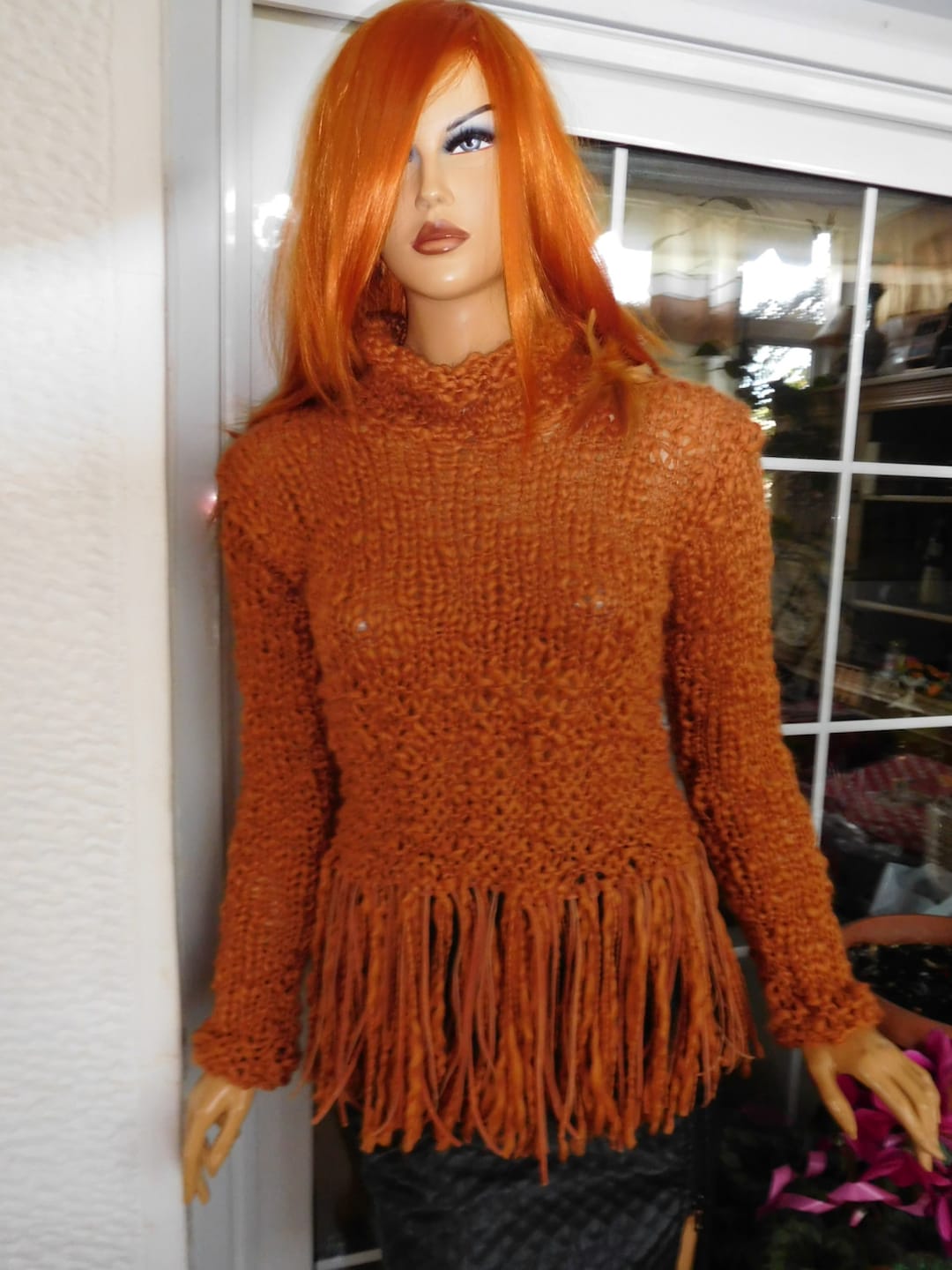 20% OFF Sweater Chunky Jumper in Rusty Brown Real Leather Tassels ...