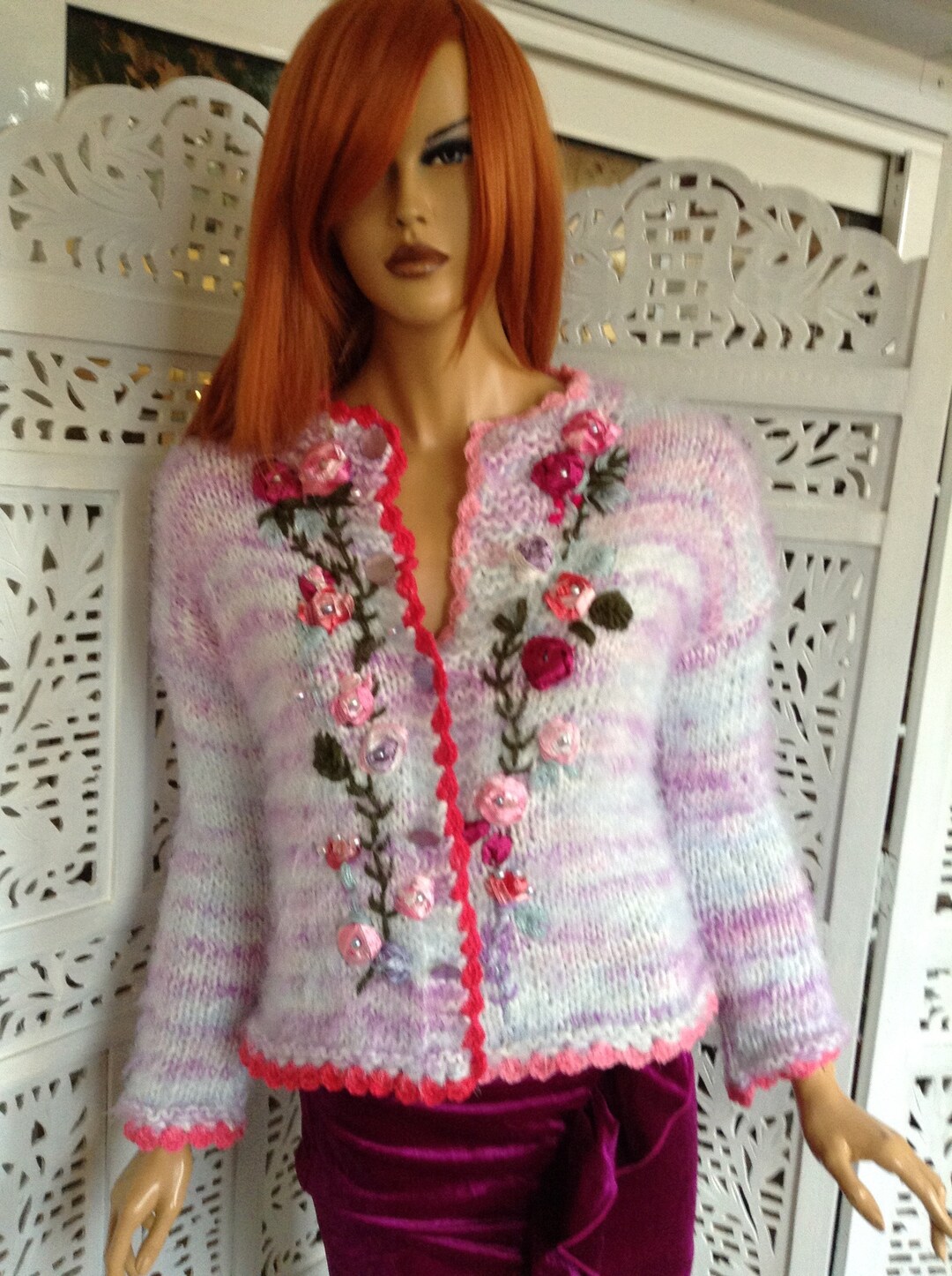 Jacket Handmade Knitted Silk Roses Embroidered Lilac Light Blue White ...