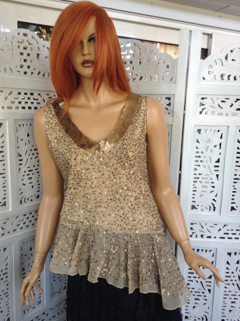 Top Sequined Sleeveless Top in Gold Color Crepe Sequins - Etsy