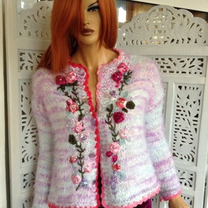Jacket Handmade Knitted Silk Roses Embroidered Lilac Light Blue White ...