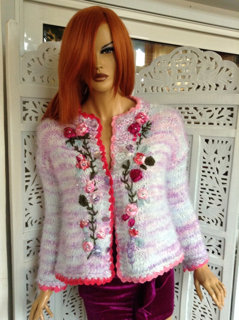 Jacket Handmade Knitted Silk Roses Embroidered Lilac Light Blue White ...