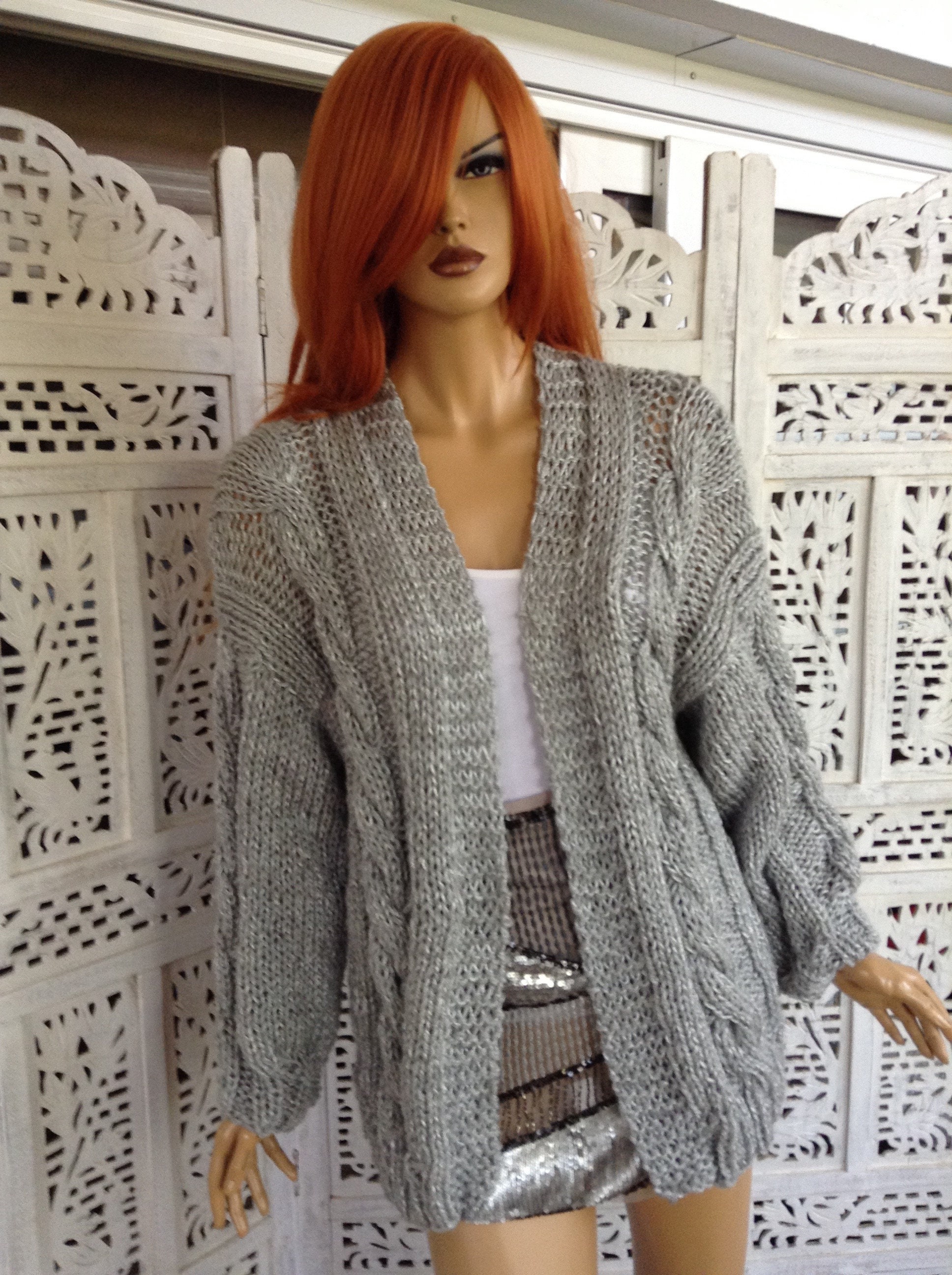Jacket Oversized Chunky Knit Handmade Knit Braids Grey Warm Slouchy ...