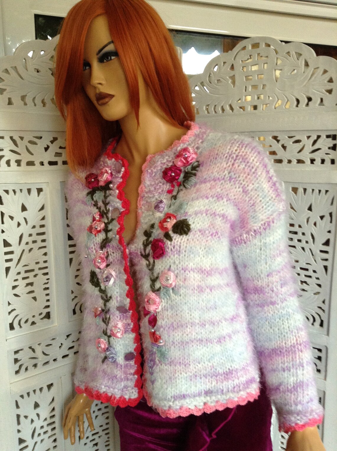 Jacket Handmade Knitted Silk Roses Embroidered Lilac Light - Etsy