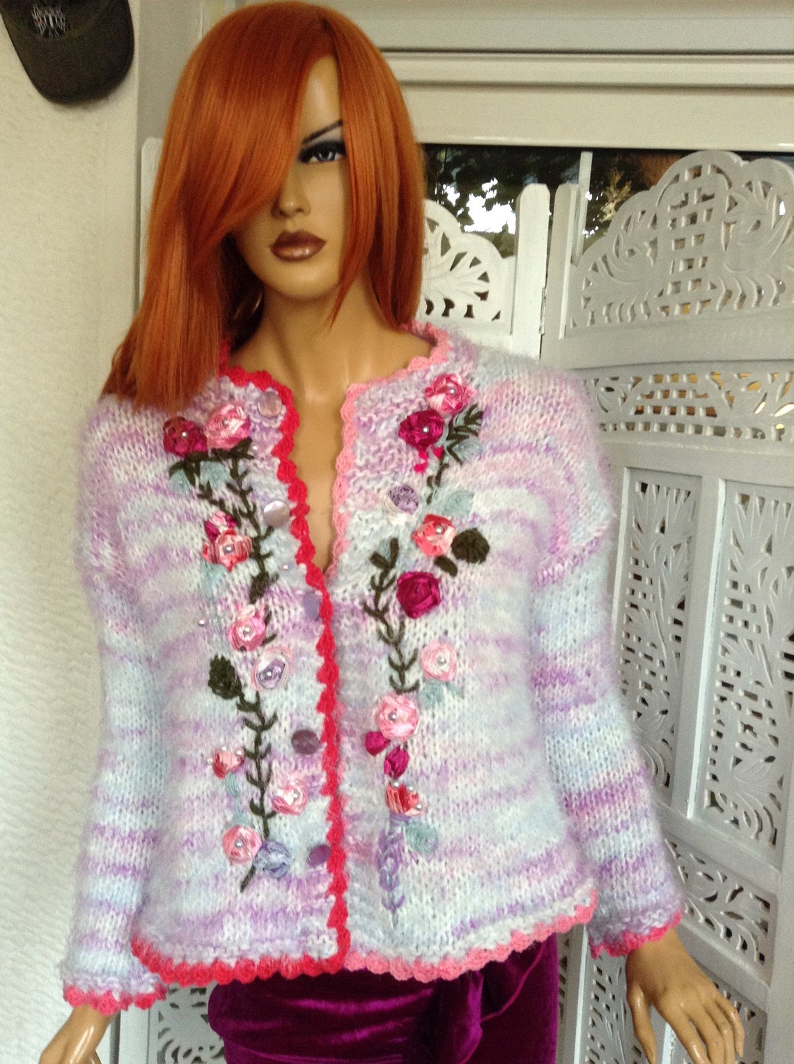 Jacket Handmade Knitted Silk Roses Embroidered Lilac Light - Etsy